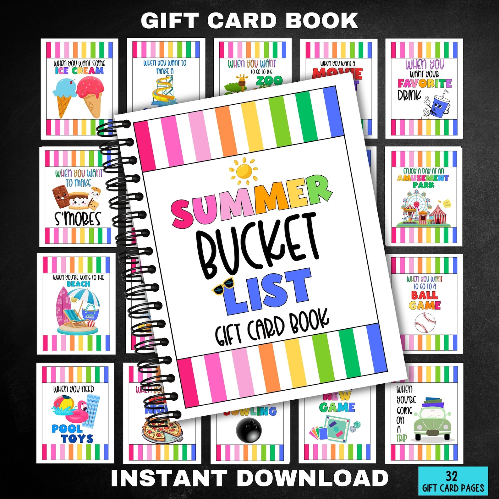 Printable Summer Gift Card Book, Kids Summer Bucket List, End of the ...