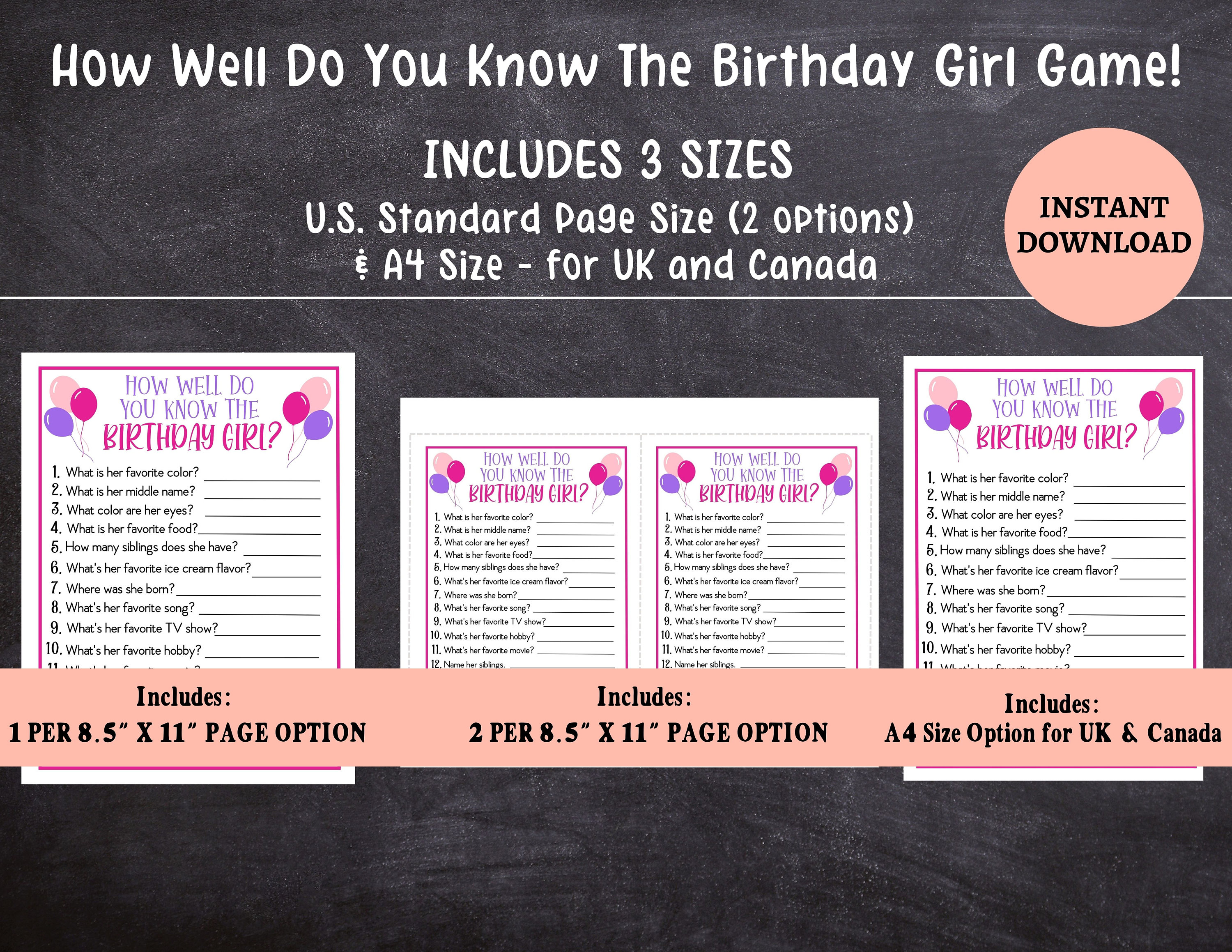 Birthday Girl Trivia Game, Kid Birthday Party Game, Birthday ...