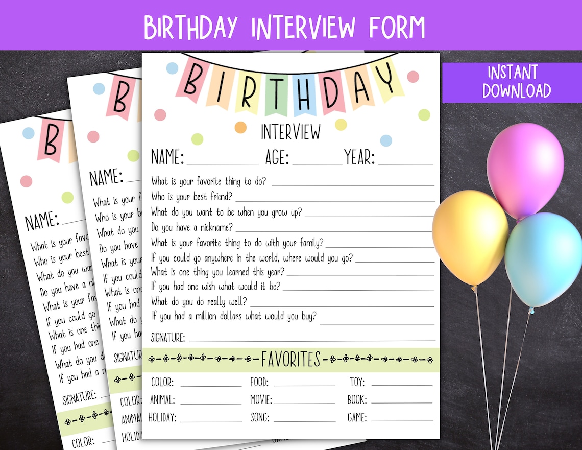 Kids Birthday Interview Printable Birthday Questionnaire - Etsy