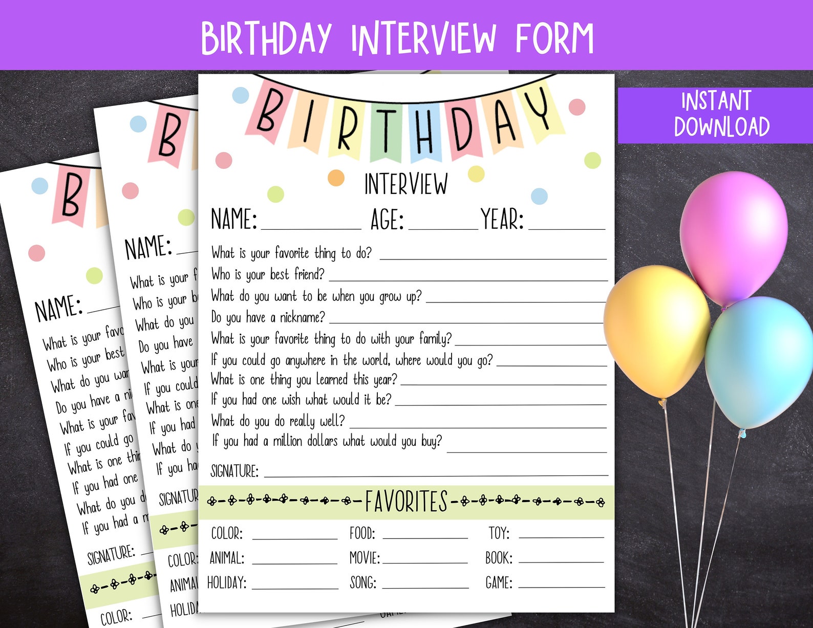 Kids Birthday Interview, Printable Birthday Questionnaire, Kids ...