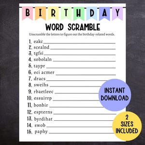 Birthday Word Scramble, Printable Pastel Birthday Game, Birthday Party ...