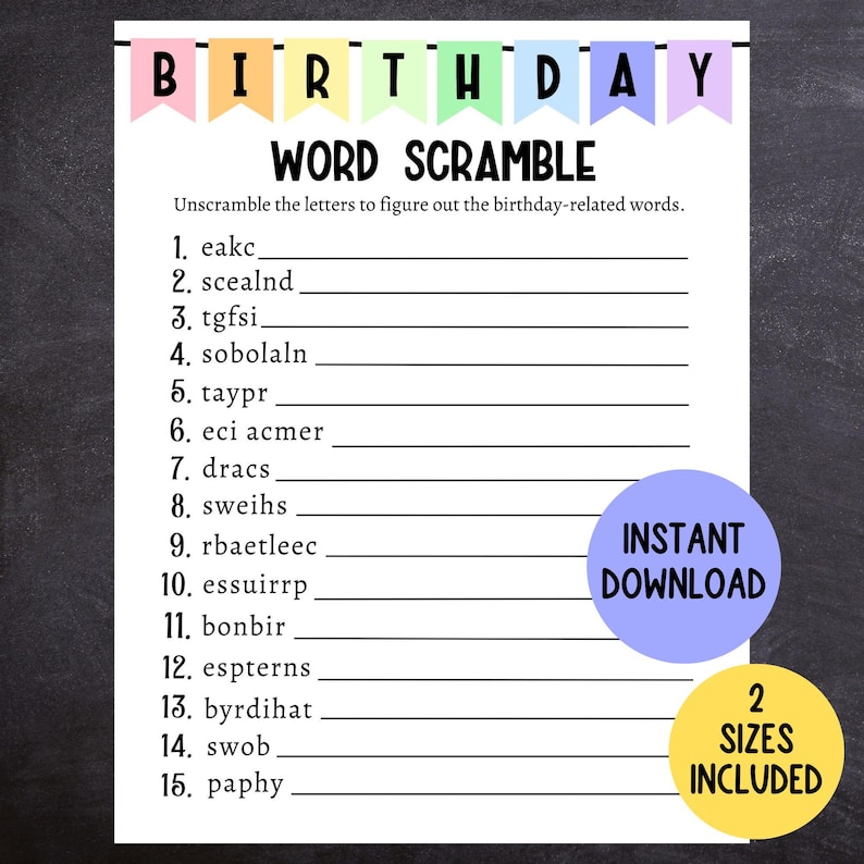 Birthday Word Scramble, Printable Pastel Birthday Game, Birthday Party ...