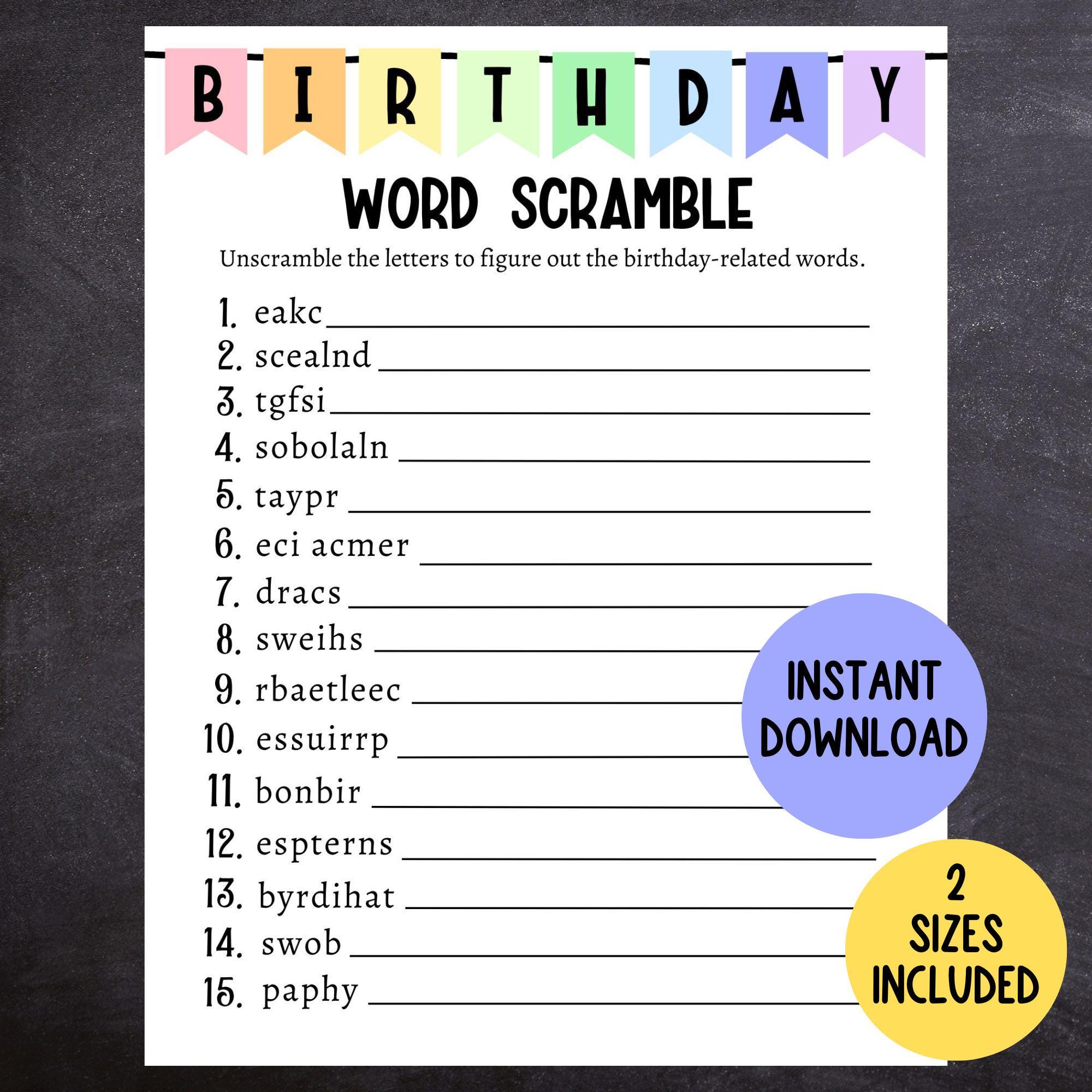 Birthday Word Scramble, Printable Pastel Birthday Game, Birthday Party ...