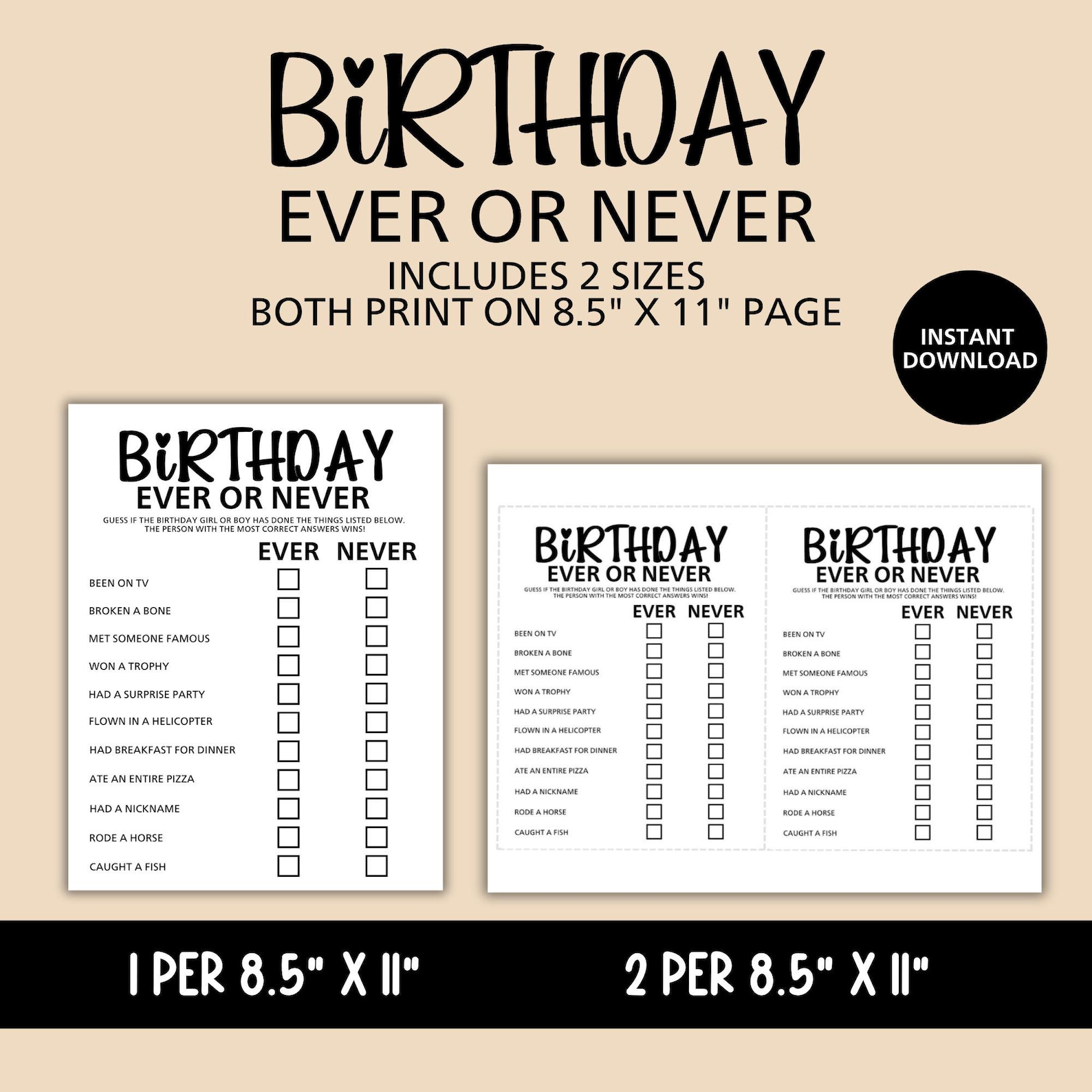 Birthday Game, Printable Birthday Party Game, Ever or Never Game, Kids ...