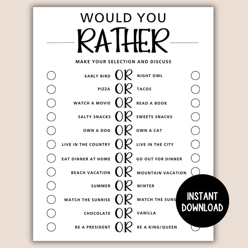 Icebreaker Game, Printable Would You Rather Game, Easy Party Starter ...