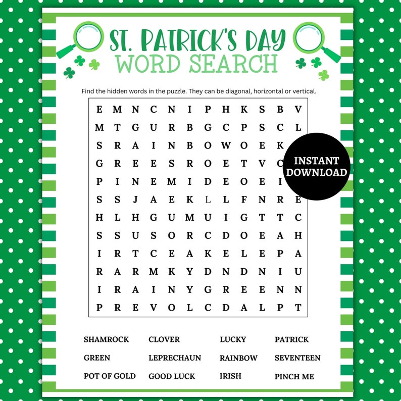 St. Patrick's Day Word Search Game, St. Patrick's Day Printable Game ...