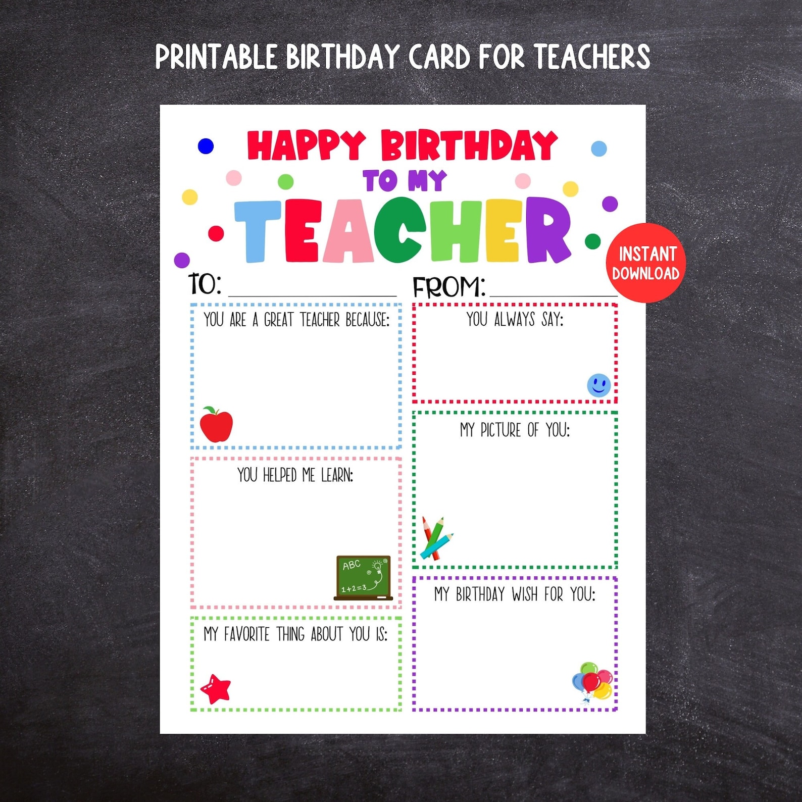 Teacher Birthday Card, Printable Kids Birthday Card for Teachers ...