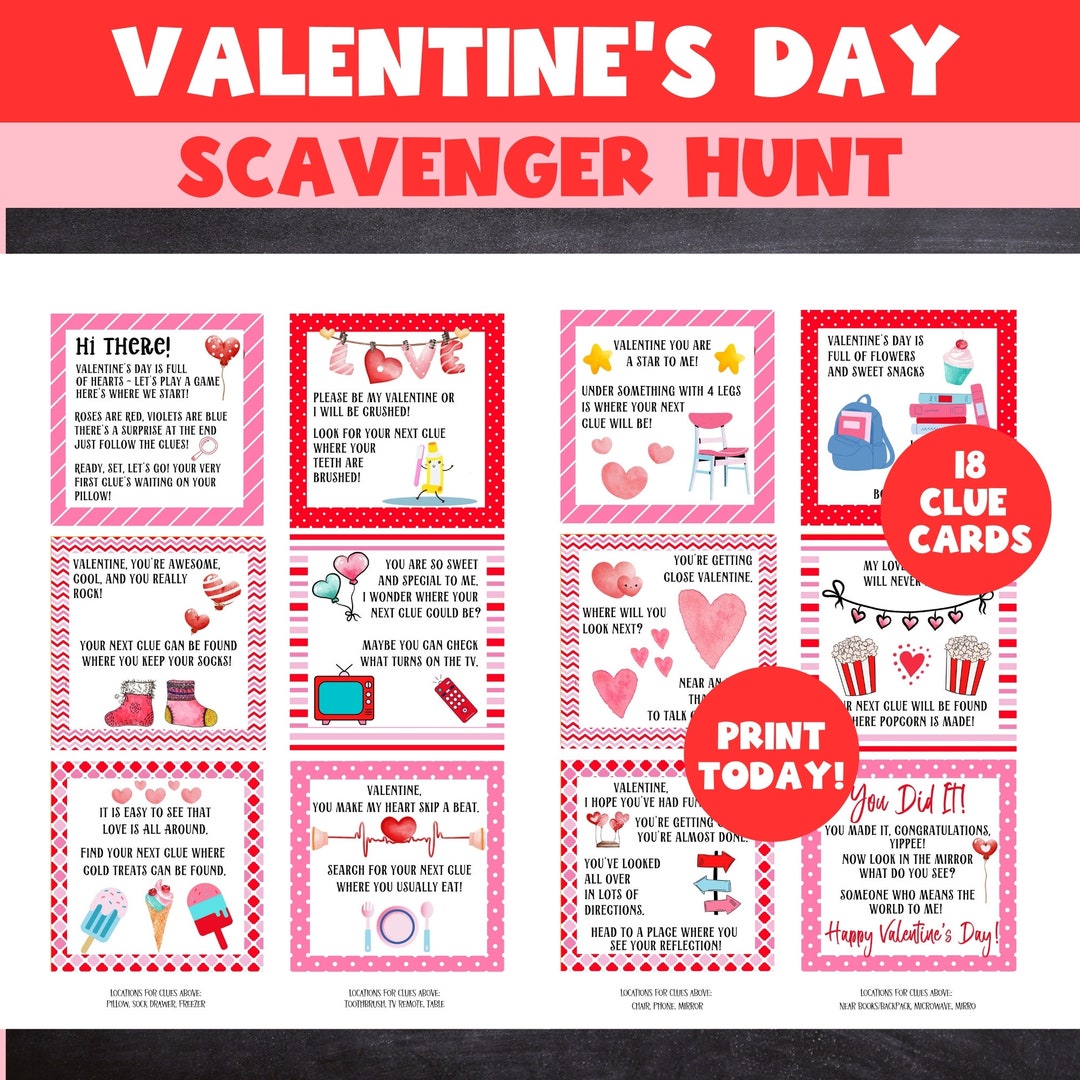 Valentine's Scavenger Hunt for Kids, Indoor Valentine's Treasure Hunt ...