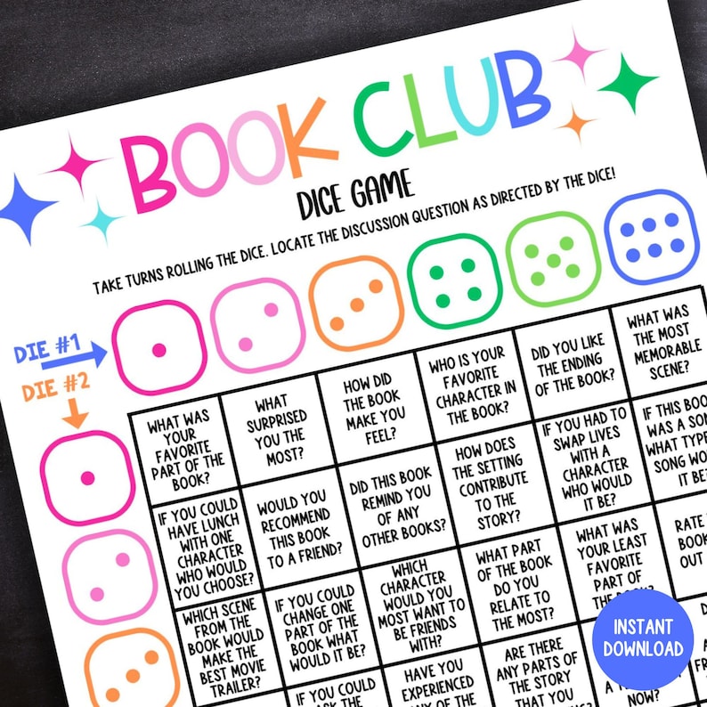 Book Club Dice Game, Printable Reading Group Discussion Questions, Easy ...
