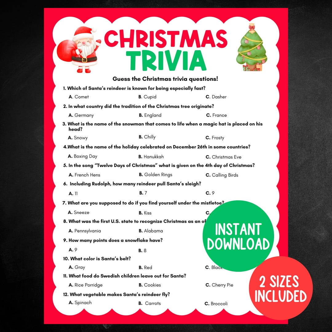 Christmas Trivia Game, Printable Christmas Party Game, Easy Christmas ...
