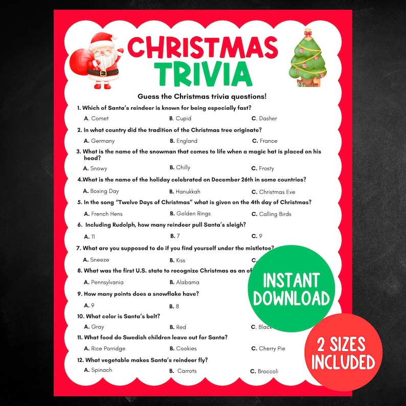 Christmas Trivia Game, Printable Christmas Party Game, Easy Christmas ...