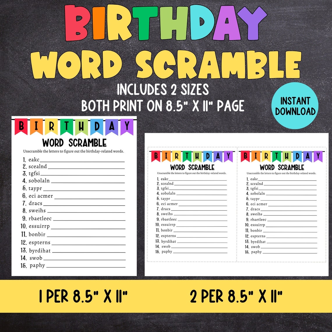 Birthday Word Scramble, Printable Birthday Game, Birthday Party Game ...