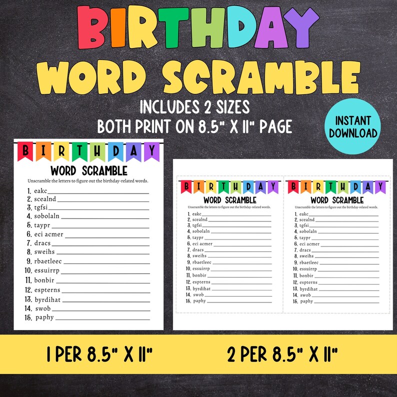 Birthday Word Scramble, Printable Birthday Game, Birthday Party Game ...