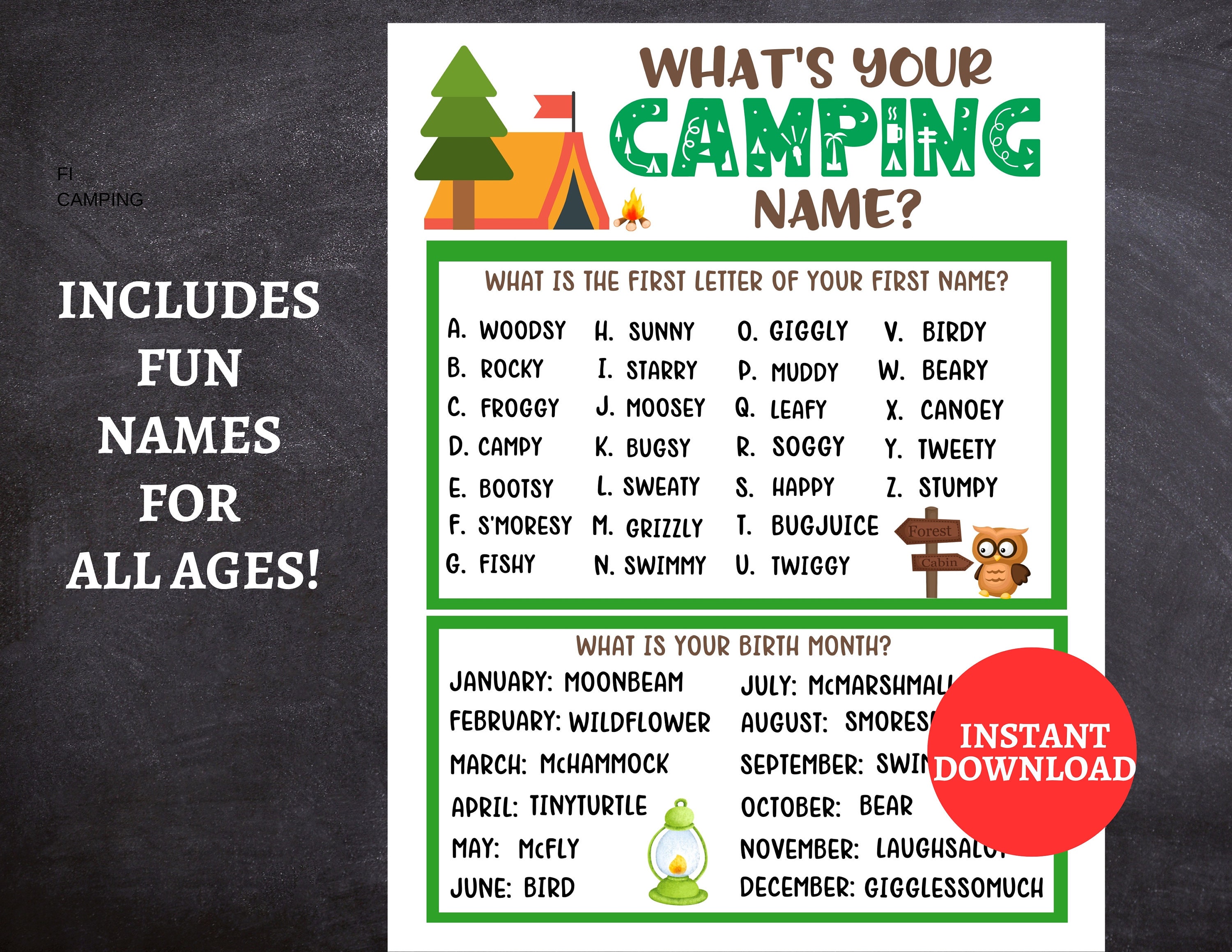 Camping Game, What's Your Camping Name Game WITH Name Tags & Sign ...