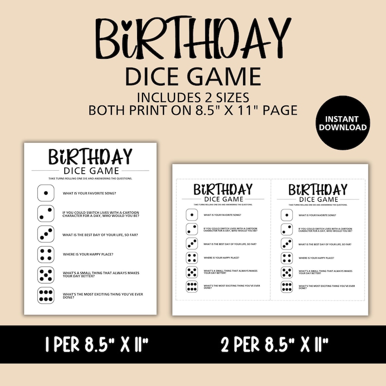 Birthday Dice Game, Printable Birthday Party Game, Birthday Trivia ...