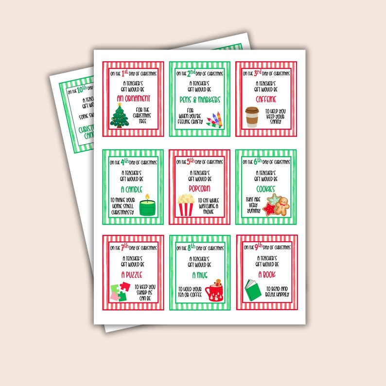 Teacher Christmas Gift, Printable 12 Days of Christmas Gift Tags for ...