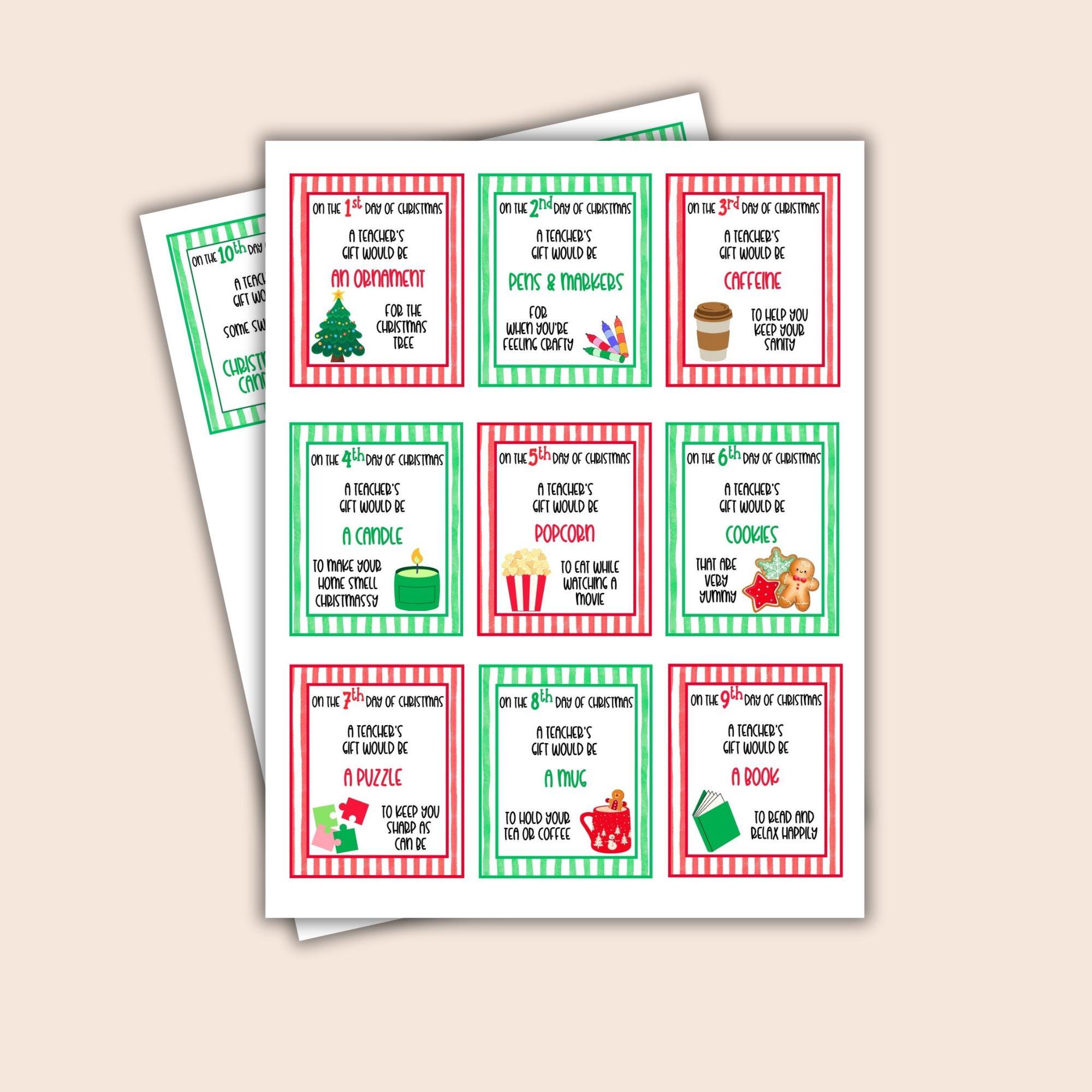 Teacher Christmas Gift, Printable 12 Days of Christmas Gift Tags for ...