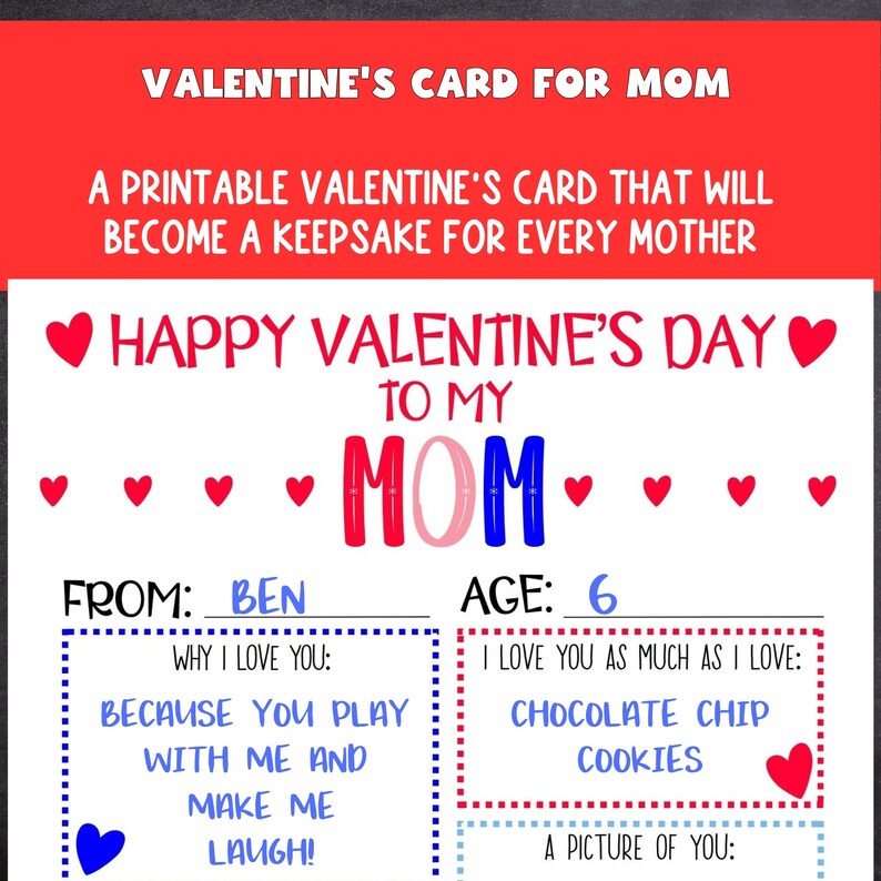 Kids Valentines Card for Mom, Printable Mom Valentines Card, Keepsake ...