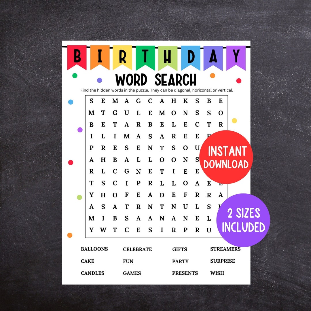 Birthday Word Search, Printable Birthday Party Game, Birthday Game for ...