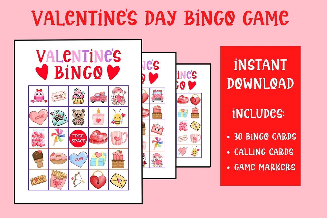 Valentine's Bingo, Valentine's Game for Kids, Valentine's Party Game ...