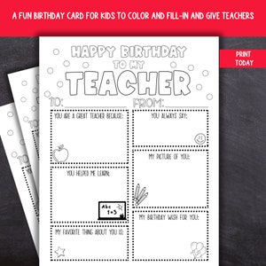 Teacher Birthday Coloring Card, Printable Kids Birthday Card for ...