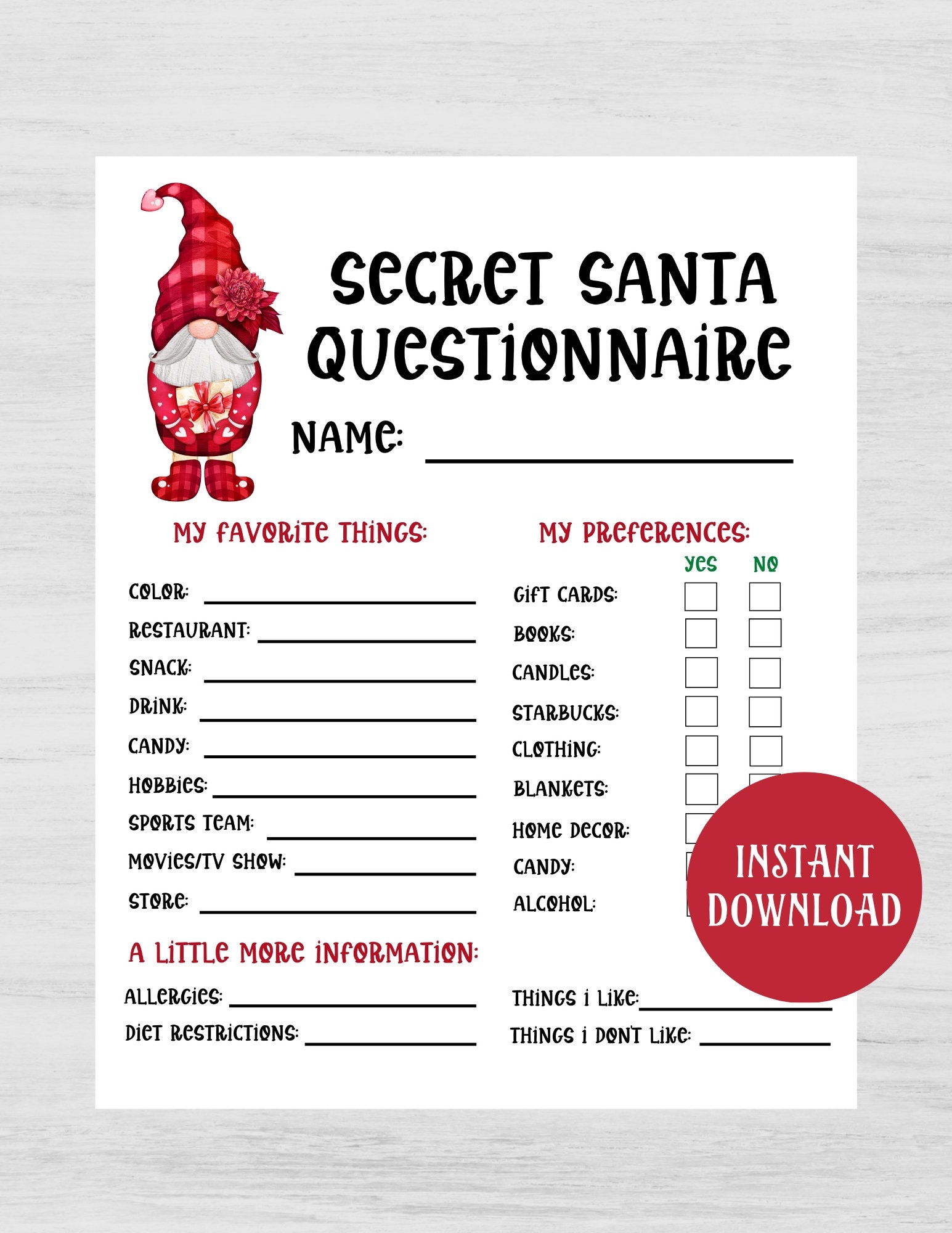 Printable Secret Santa ionnaire For Christmas Gift Exchange
