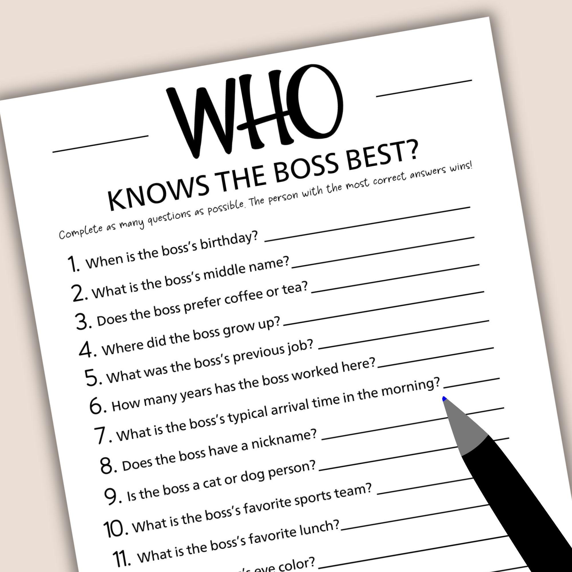 Fun Office Party Game, Printable Who Knows the Boss Best Game, Team ...