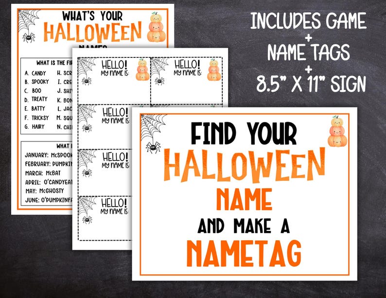Halloween Name Game WITH Name Tags & Sign, Halloween Party Game ...