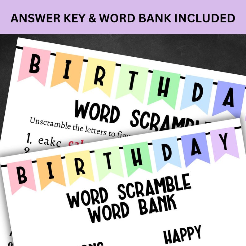 Birthday Word Scramble, Printable Pastel Birthday Game, Birthday Party ...