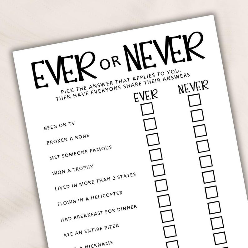 Icebreaker Game, Printable Ever or Never Game, Easy Party Starter Game ...