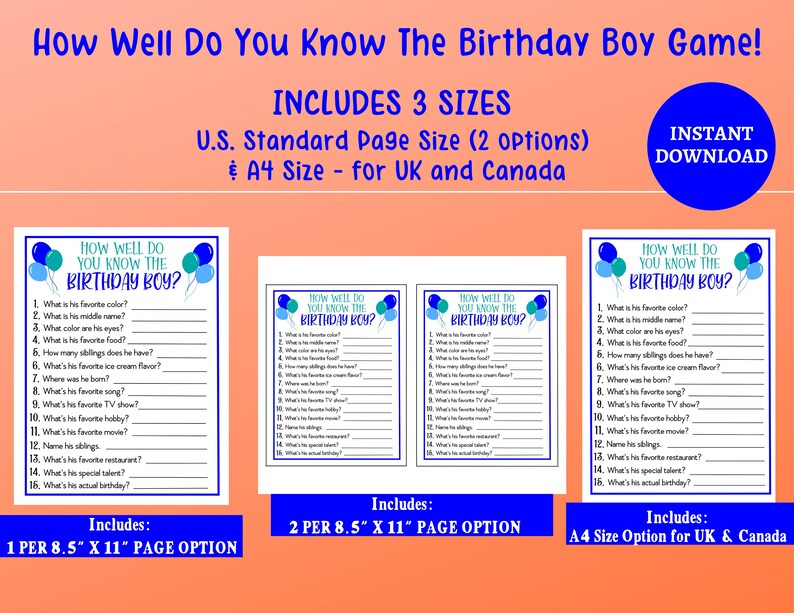Printable Birthday Game for Boy Birthday Birthday Trivia - Etsy