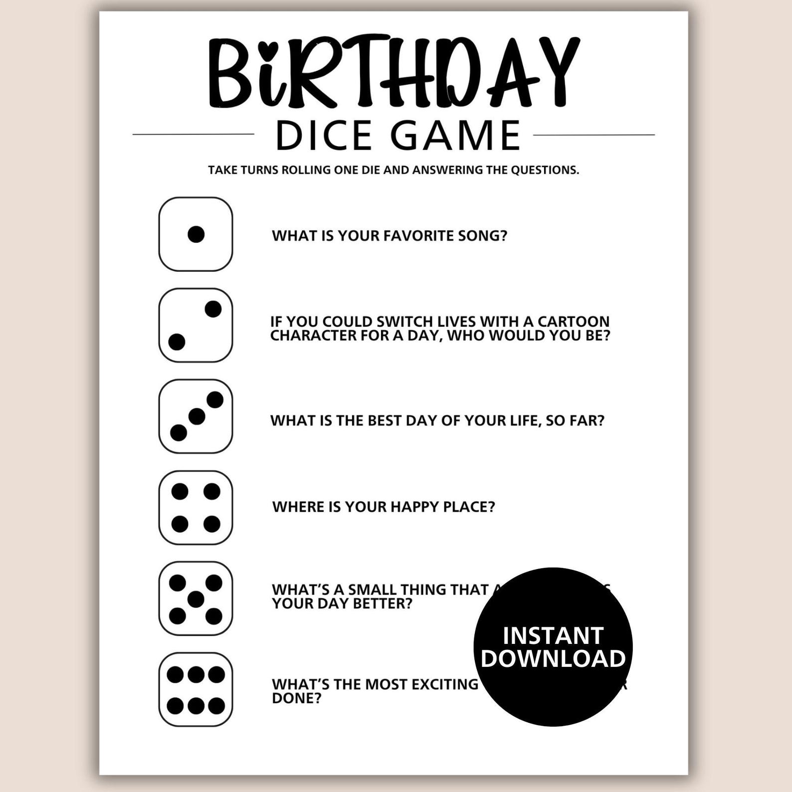 Birthday Dice Game, Printable Birthday Party Game, Birthday Trivia ...