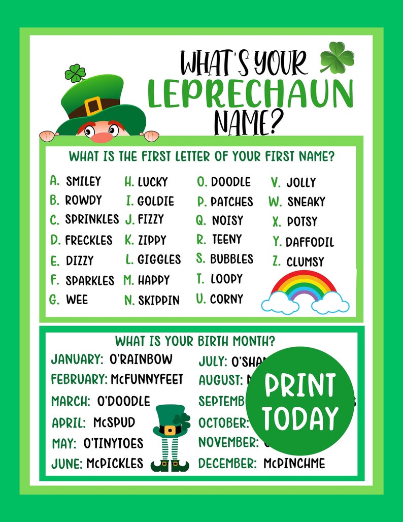 Leprechaun Name Game, What's Your Leprechaun Name, St. Patricks Day Fun ...