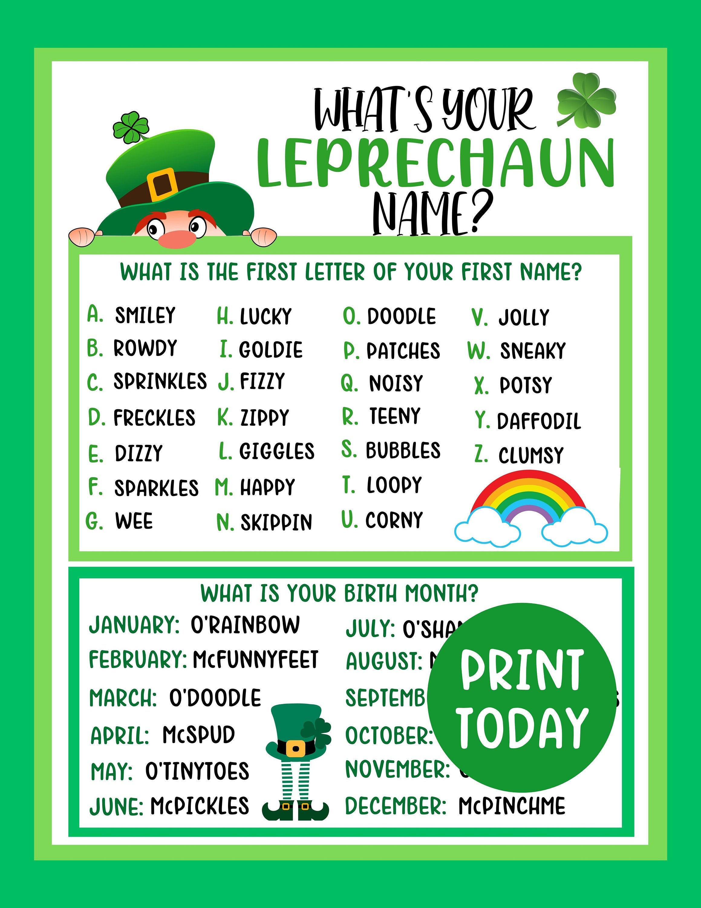 Leprechaun Name Game, What's Your Leprechaun Name, St. Patricks Day Fun ...