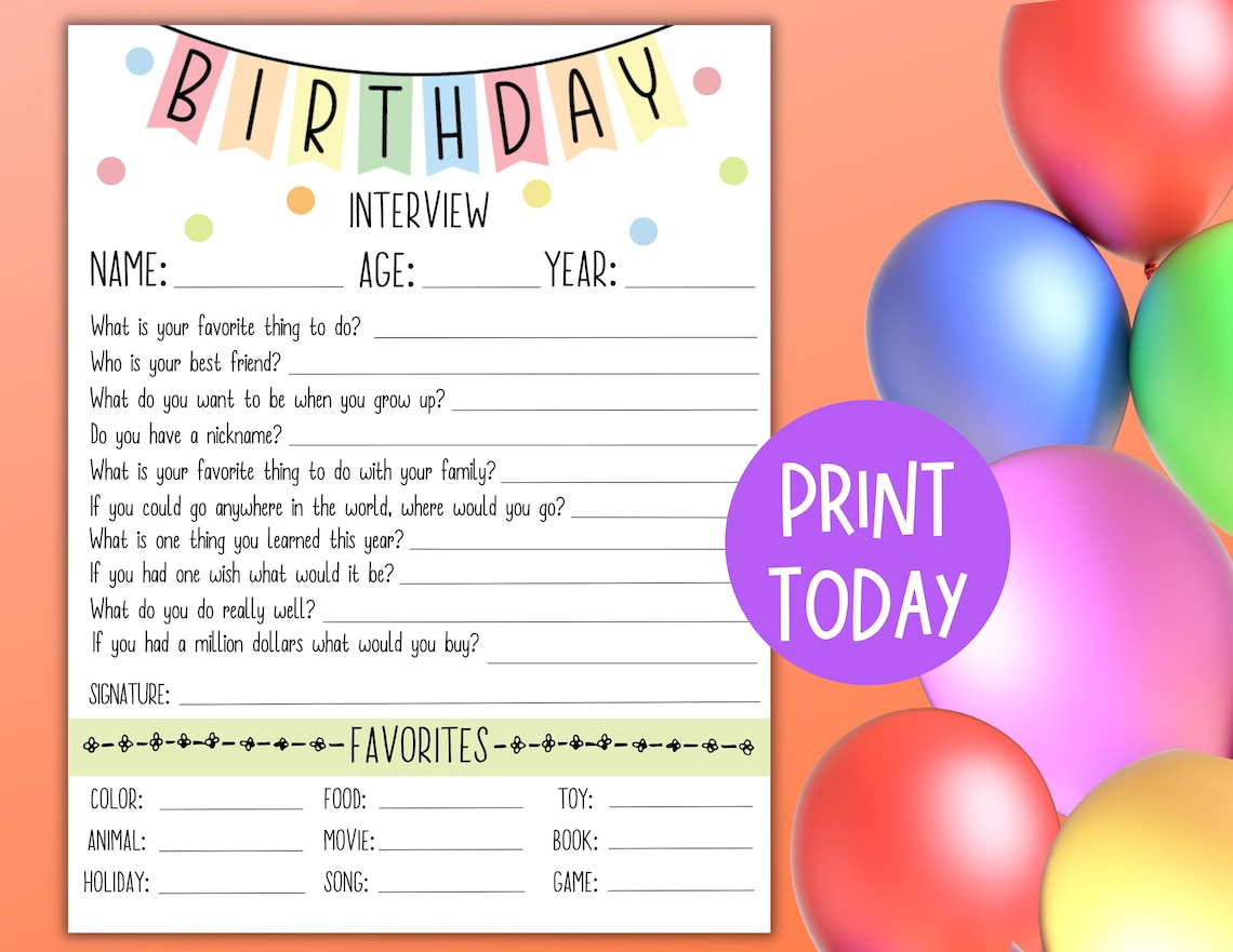 Kids Birthday Interview Printable Birthday Questionnaire - Etsy