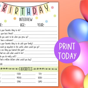 Kids Birthday Interview, Printable Birthday Questionnaire, Kids ...