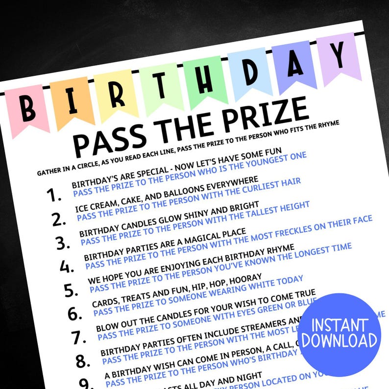 Birthday Pass the Prize Game, Printable Group Birthday Game, Left Right ...