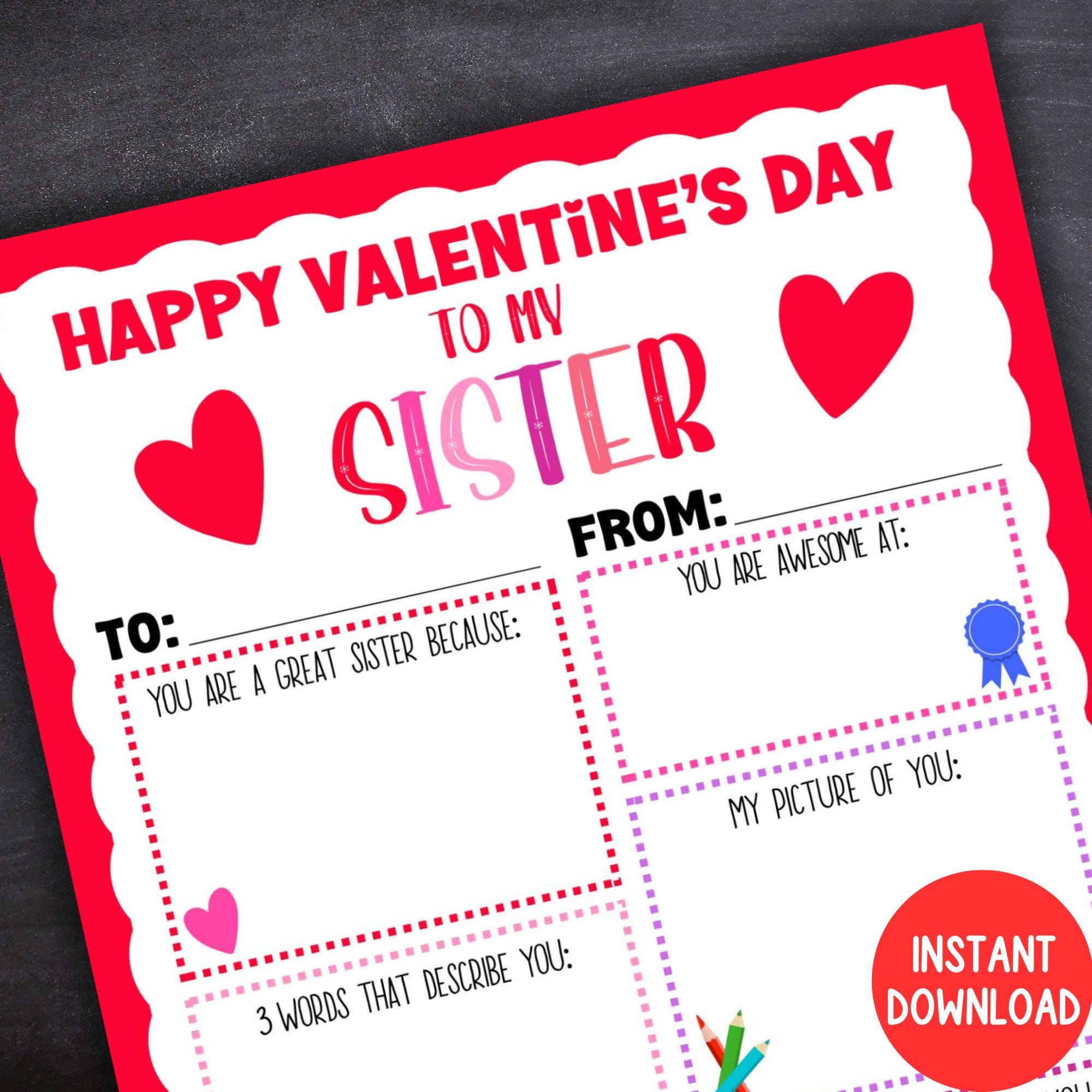 Kids Valentines Card for Sister, Printable Sister Valentines Card ...