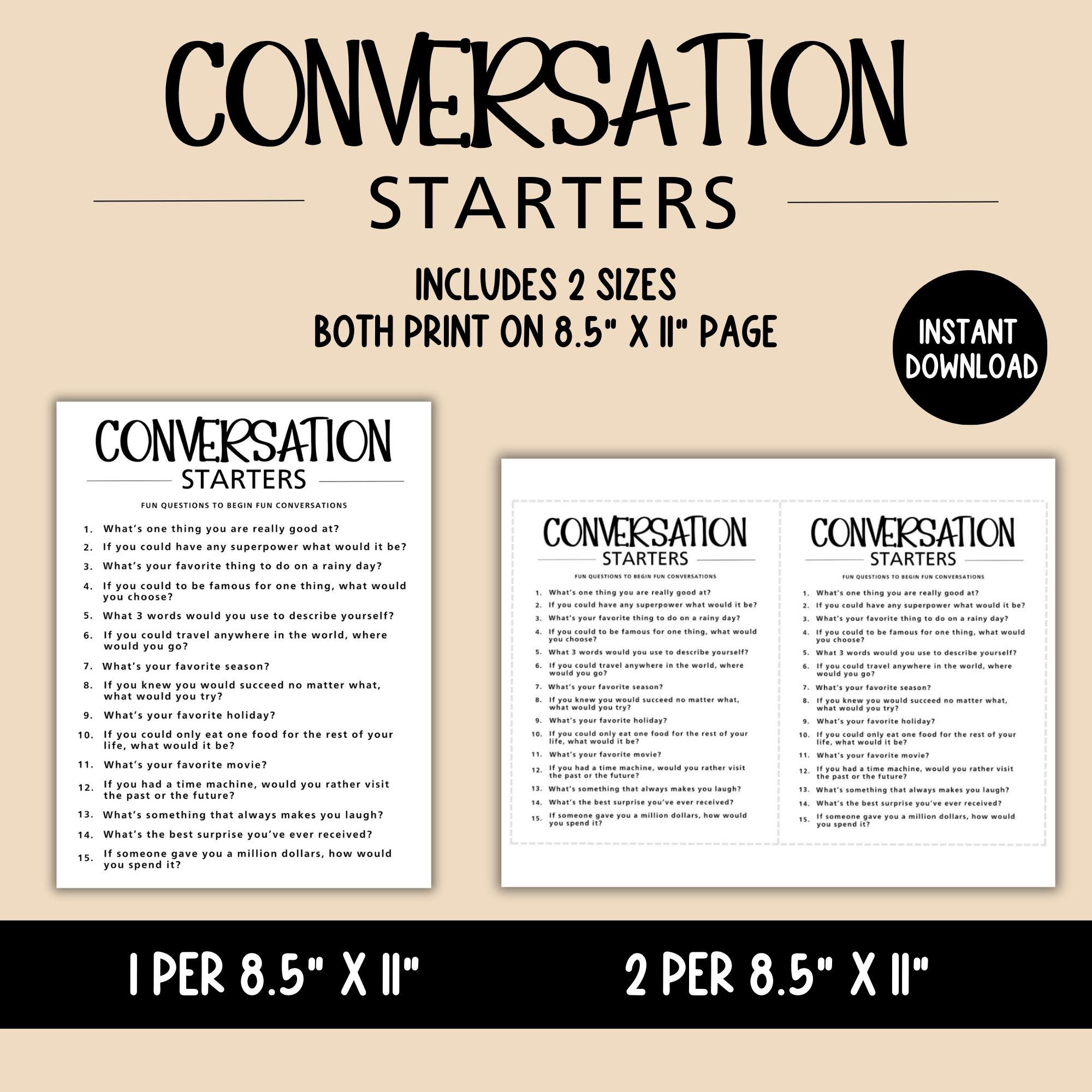 Conversation Starters, Printable Icebreakers, Party Starter, Table Talk ...