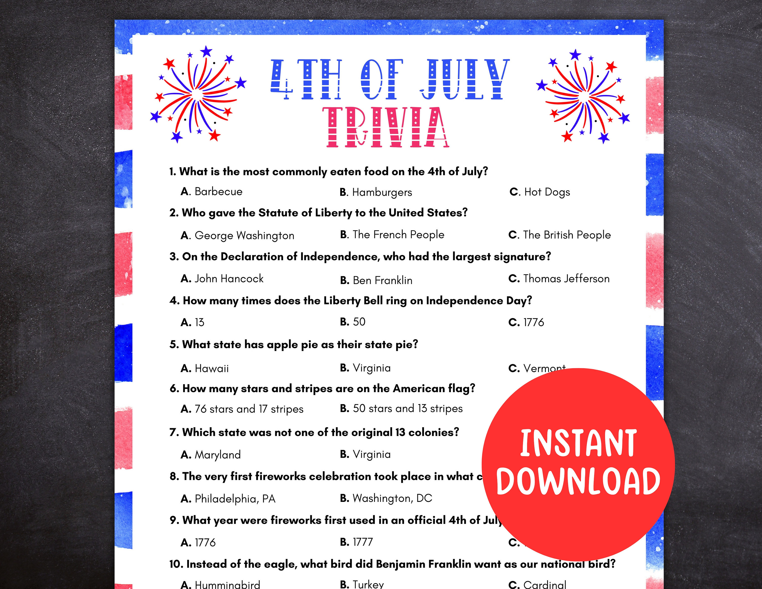 4th of July Trivia, 4th of July Game, Printable Independence Day Game ...
