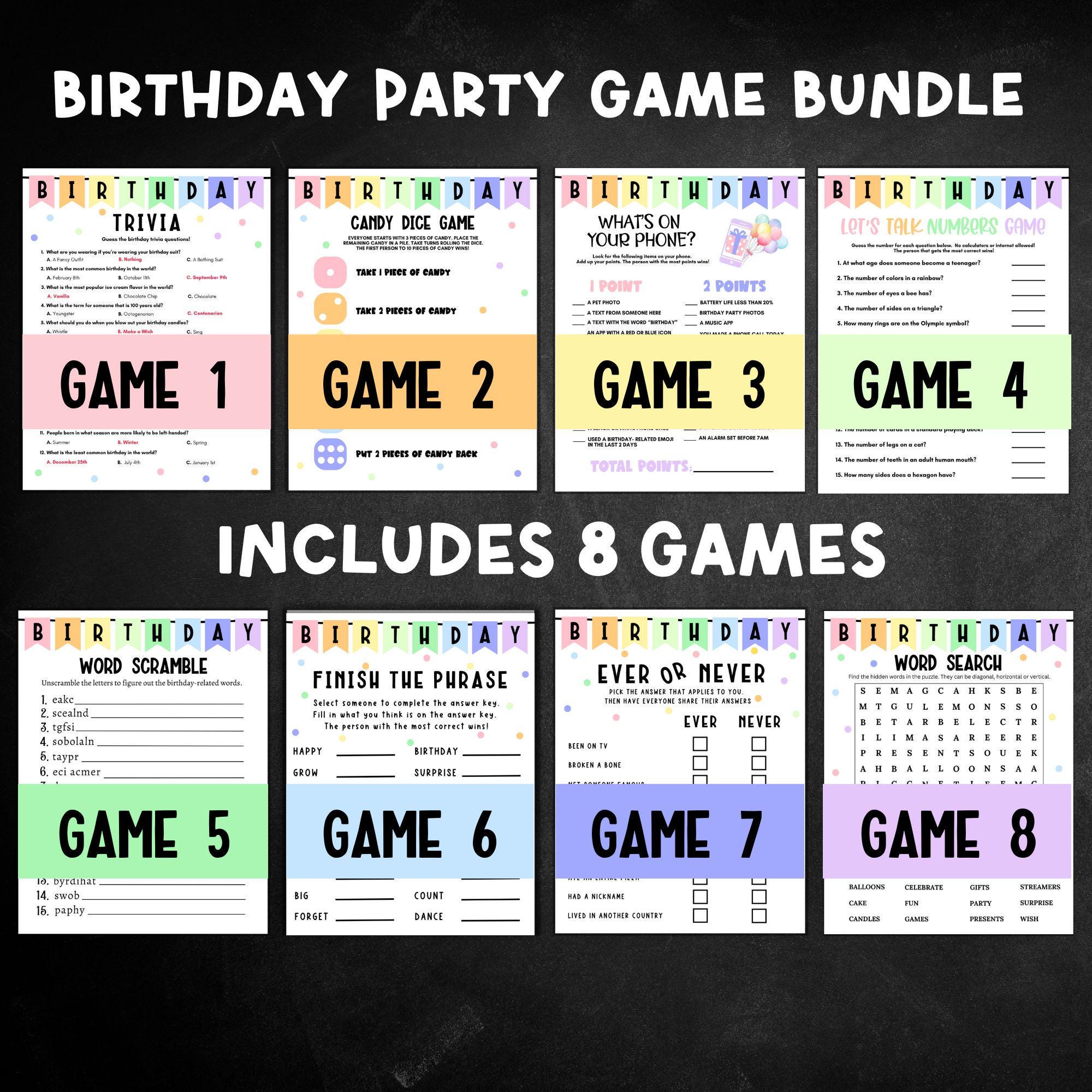 Birthday Party Games, Printable Pastel Birthday Game Bundle, Birthday ...