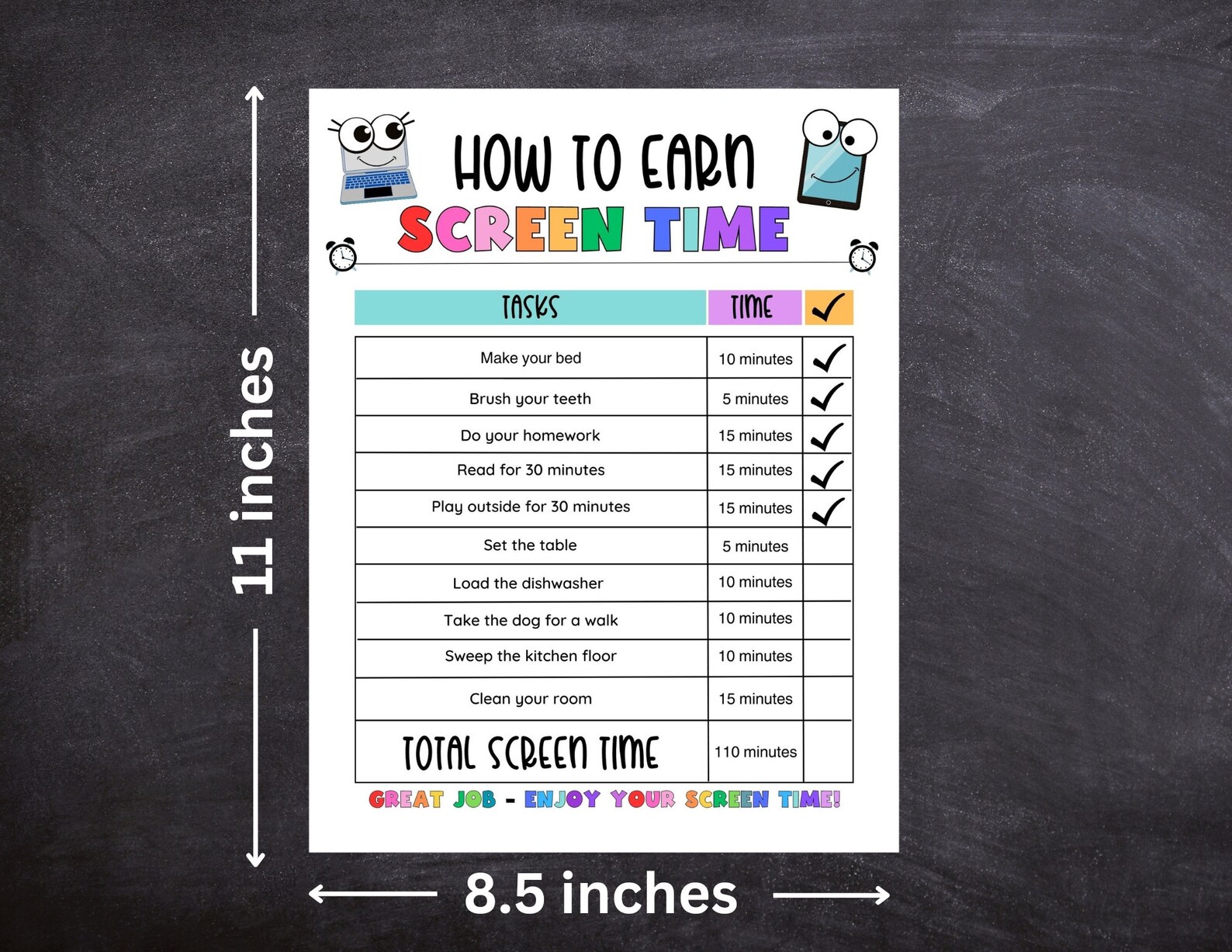 Screen Time Checklist, Editable and Printable Screen Time Chore Chart ...