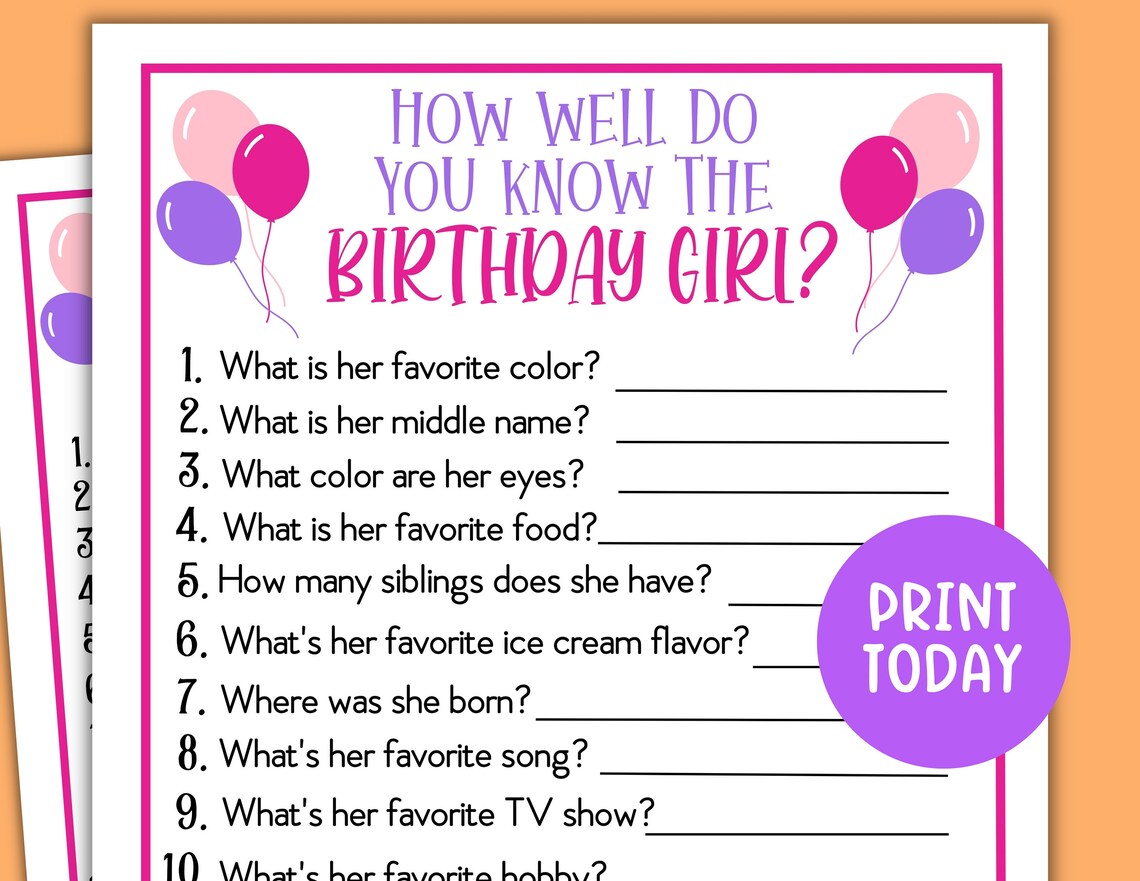 Birthday Girl Trivia Game, Kid Birthday Party Game, Birthday ...