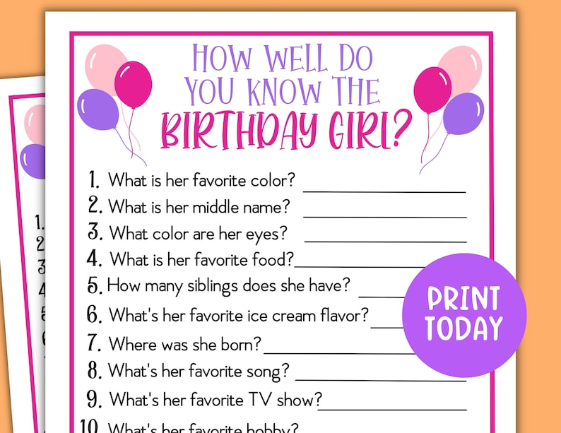 Birthday Girl Trivia Game, Kid Birthday Party Game, Birthday ...