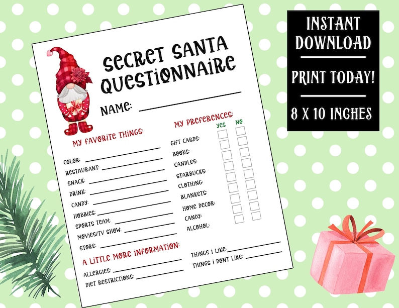 Printable Secret Santa Questionnaire for Christmas Gift Exchange ...