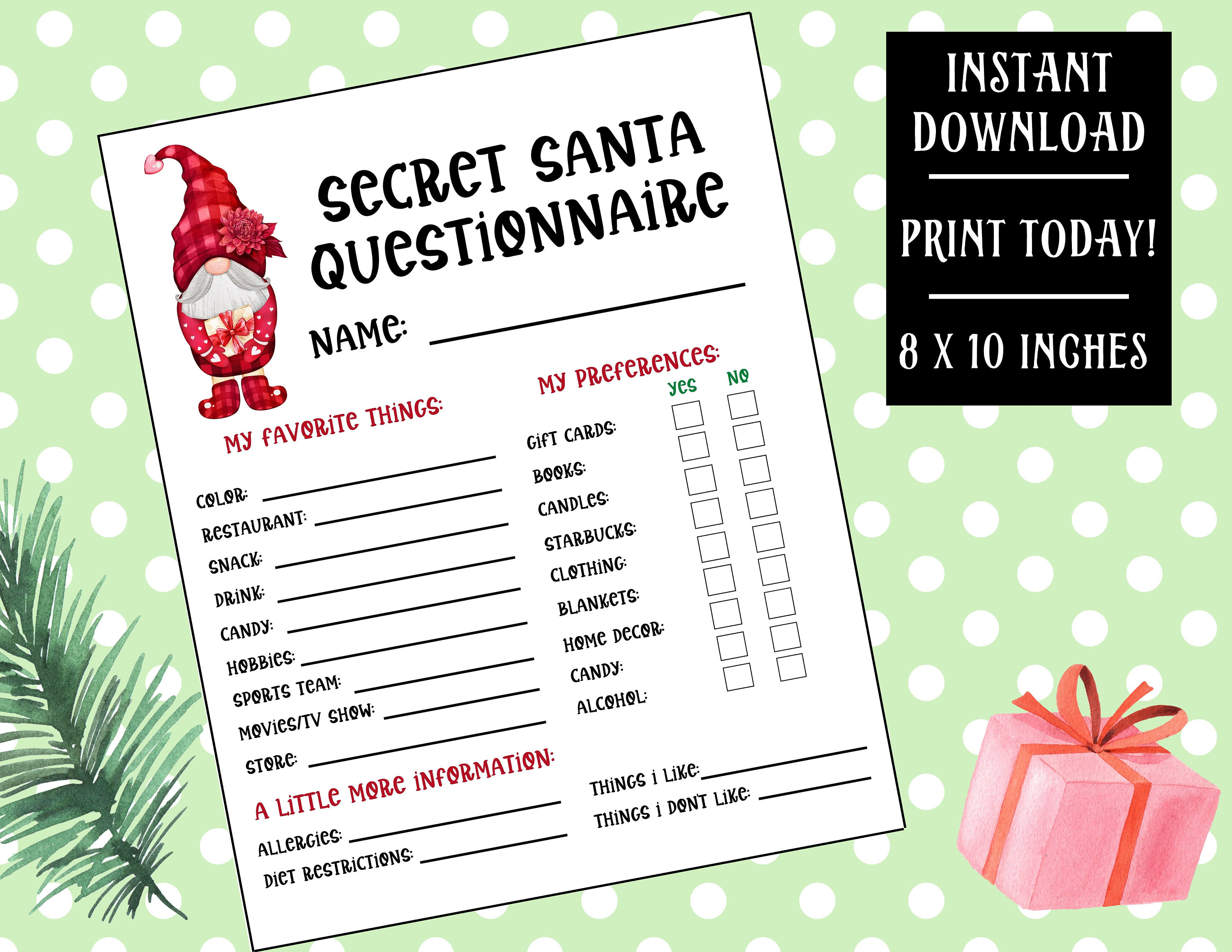 Printable Secret Santa Questionnaire for Christmas Gift Exchange ...