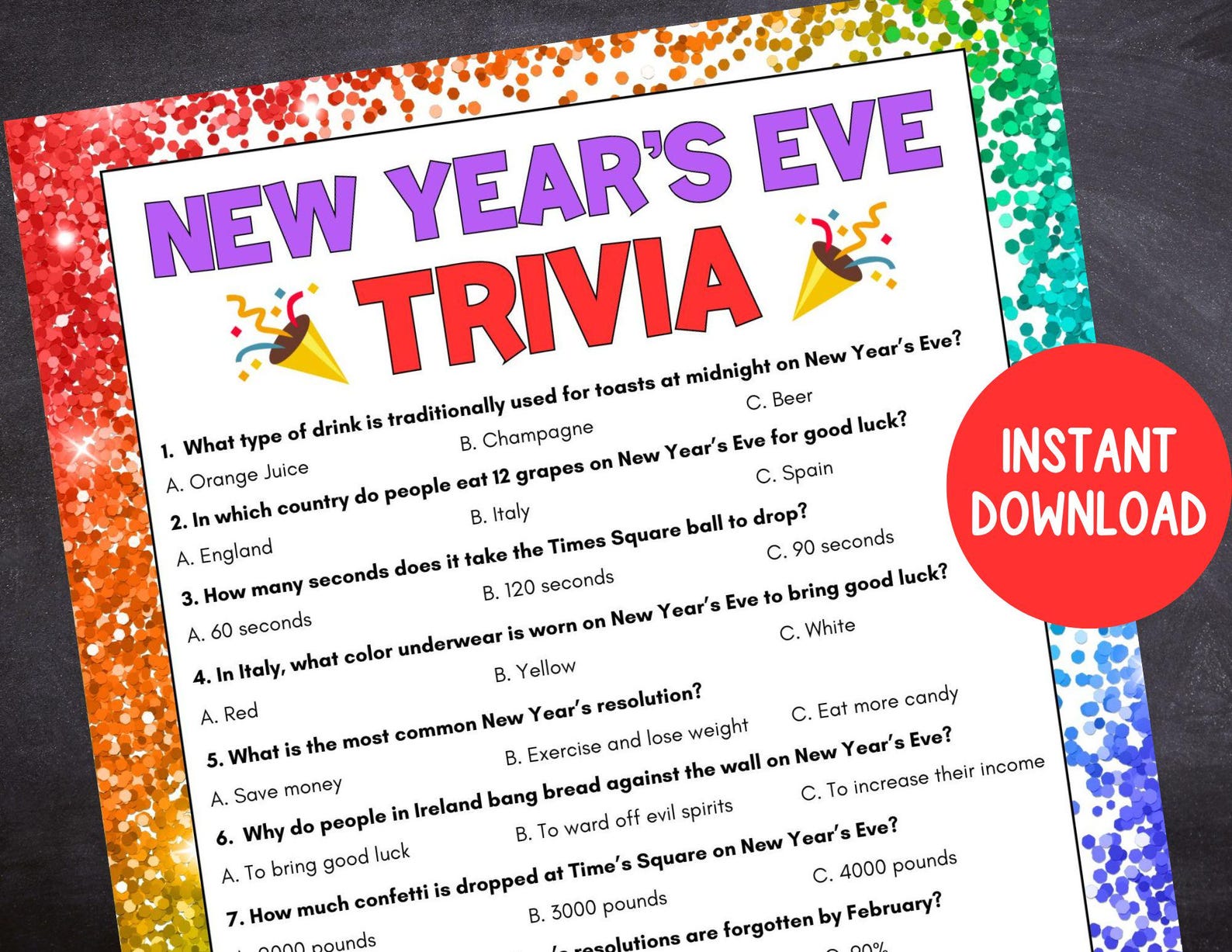 New Years Eve Trivia Game, Printable New Years Party Game, Easy New Years Eve Game for Adults - Etsy