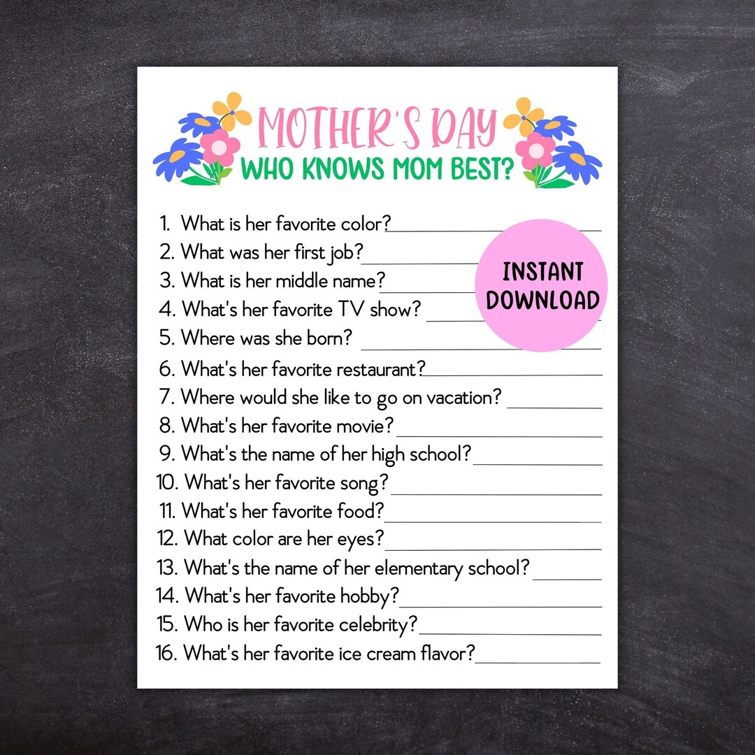 Mothers Day Game, Printable Mothers Day Game, Who Knows Mom Best, Who ...
