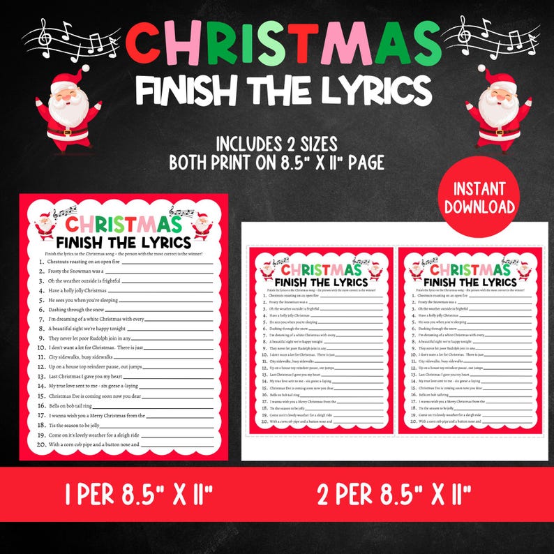 Printable Christmas Game, Christmas Song Trivia Game, Christmas Finish ...