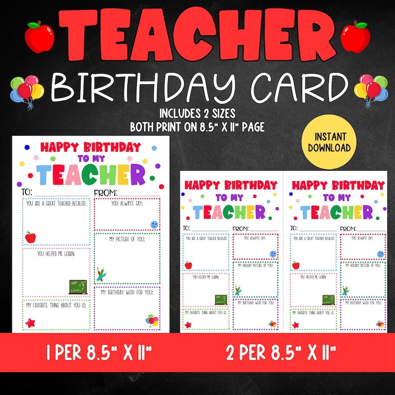 Teacher Birthday Card, Printable Kids Birthday Card for Teachers ...